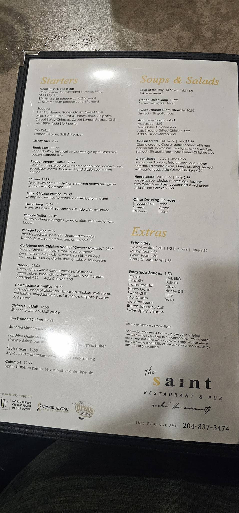 Menu at The Saint Restaurant & Pub, Winnipeg