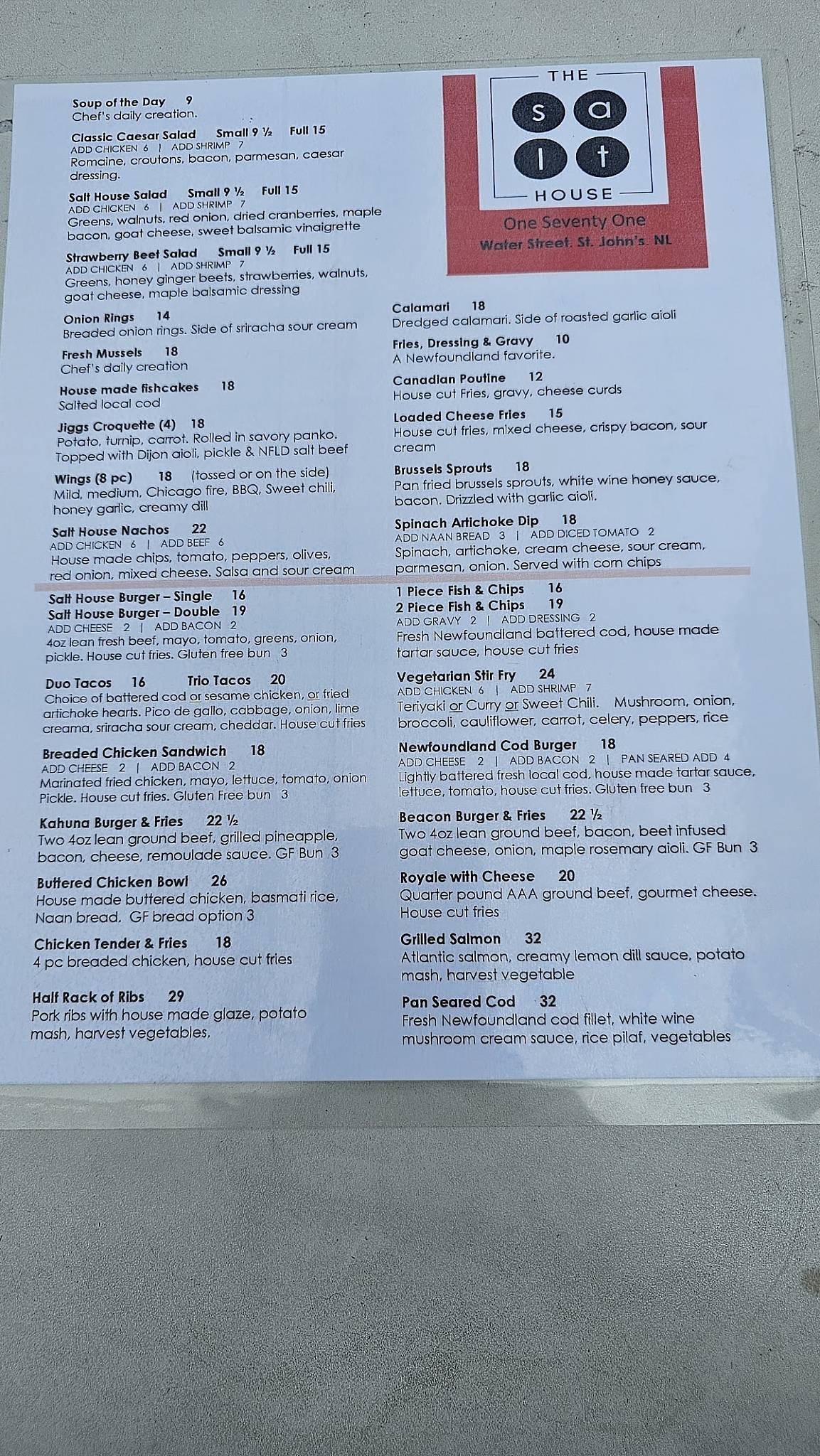 Menu at The Salt House Kitchen restaurant, St. John's