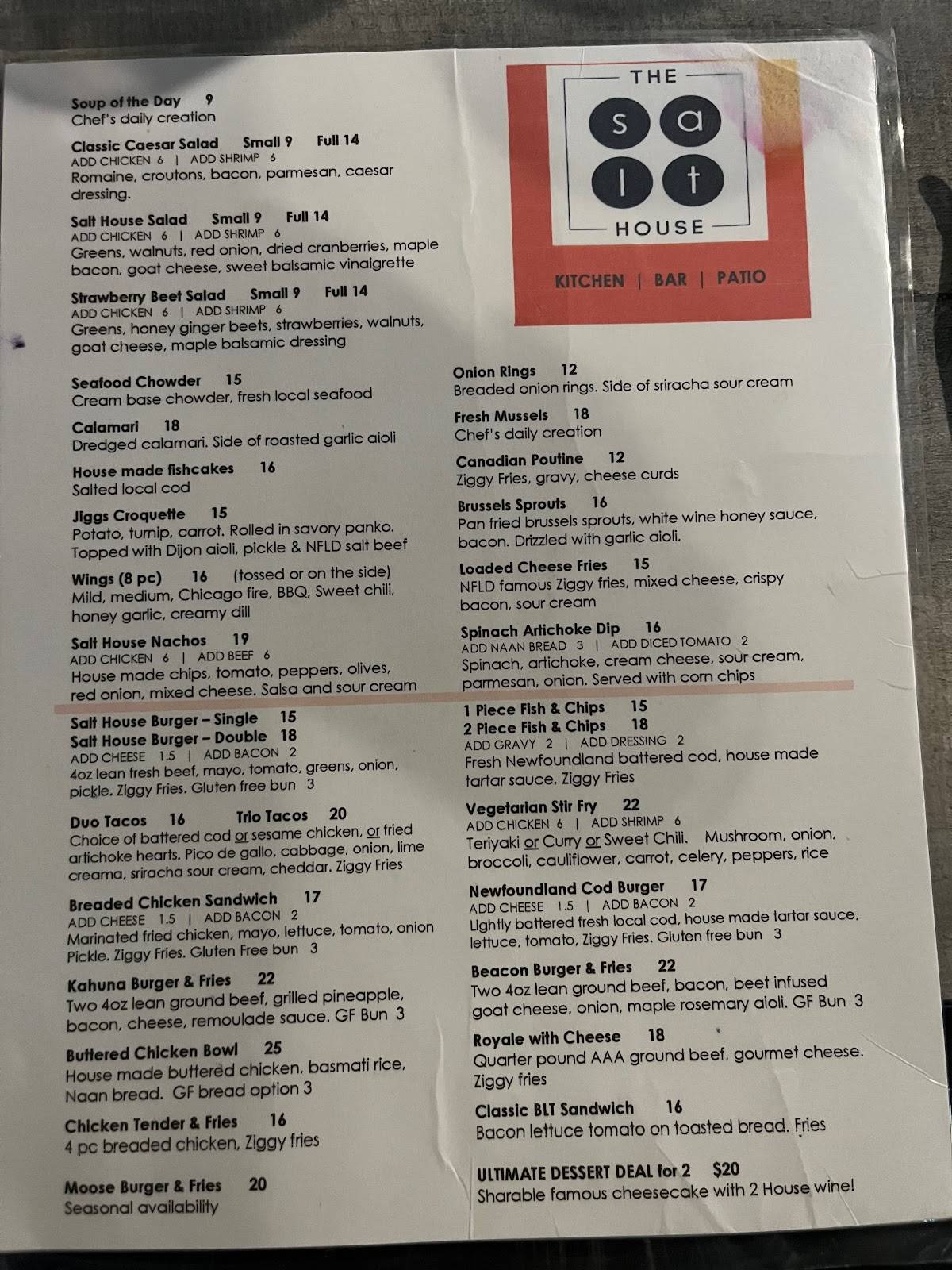 Menu at The Salt House Kitchen restaurant, St. John's