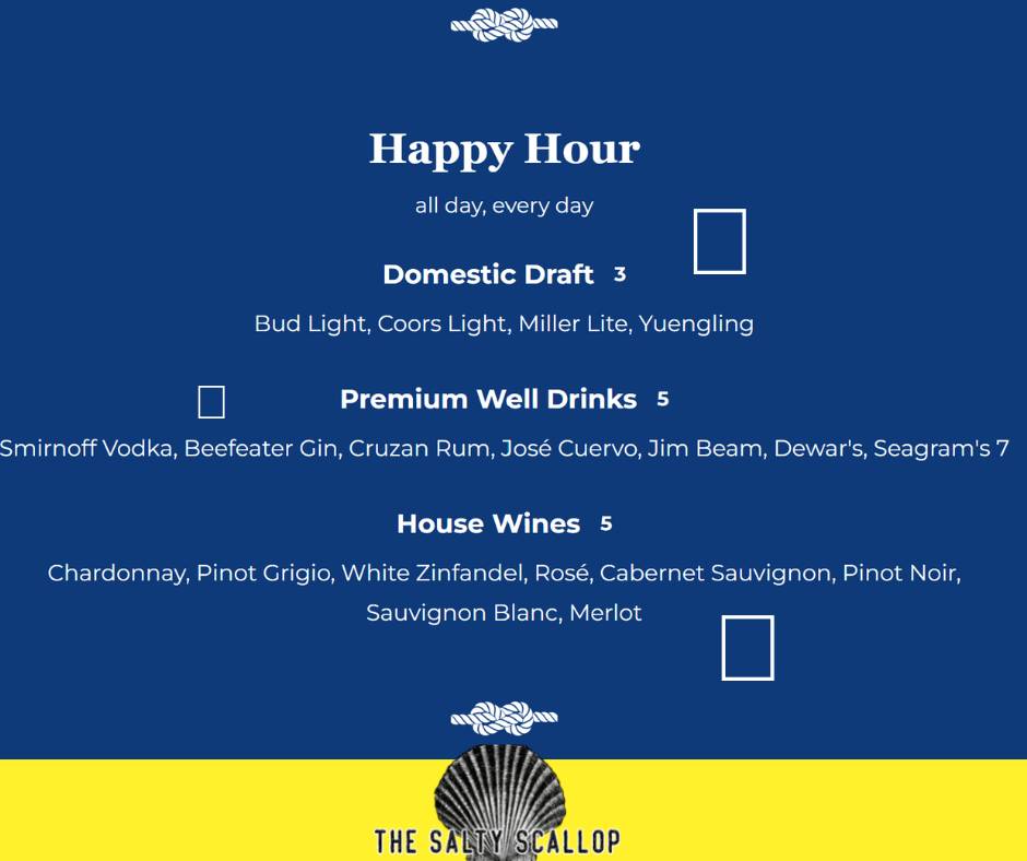 Menu at The Salty Scallop Pub, Crystal River