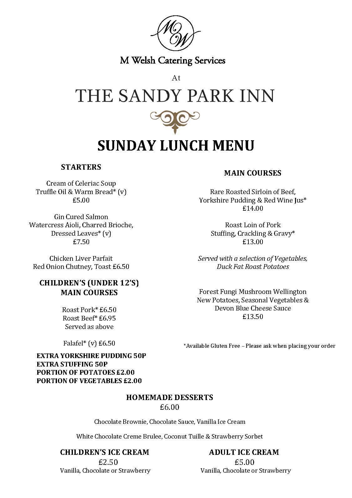 Menu at The Sandy Park Inn pub & bar, Chagford