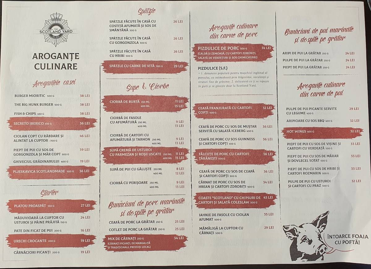 Menu at The Scotland Yard, Timișoara