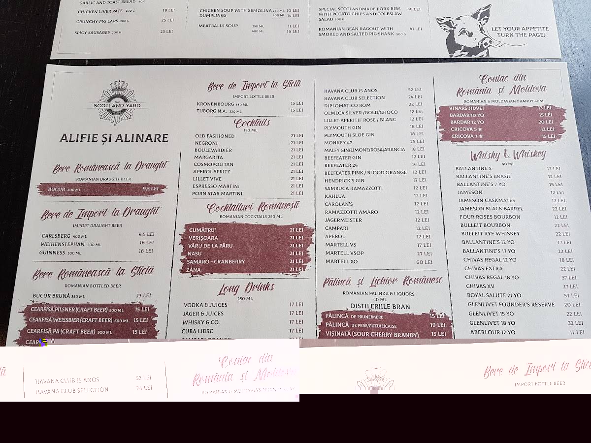 Menu at The Scotland Yard, Timișoara