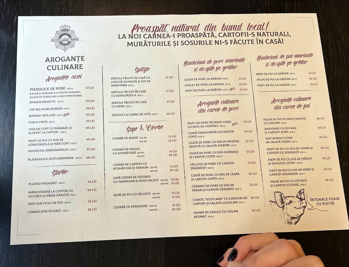 Menu at The Scotland Yard, Timișoara