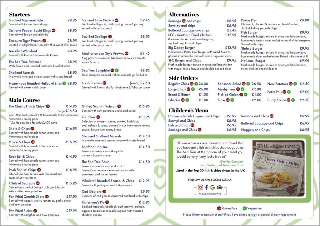 Menu at The Sea Tree Ware restaurant, Ware