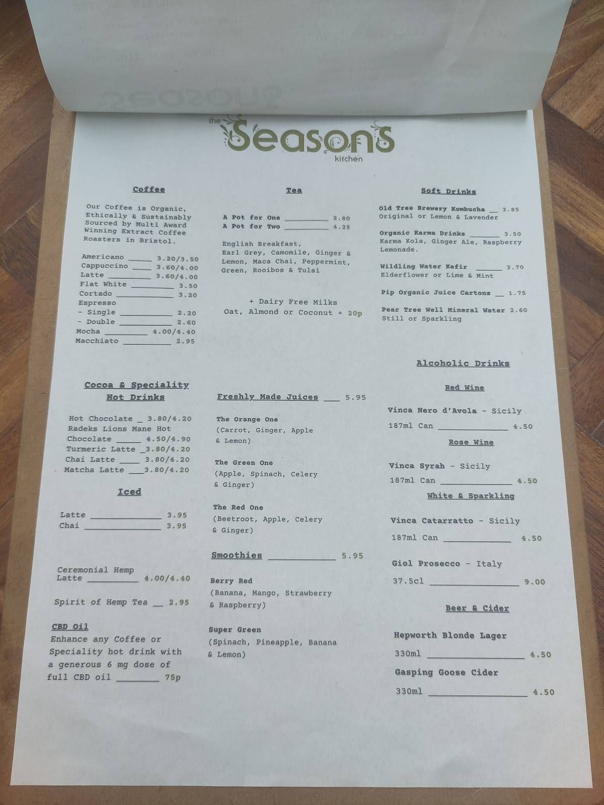 Menu at The Seasons Kitchen restaurant, Forest Row