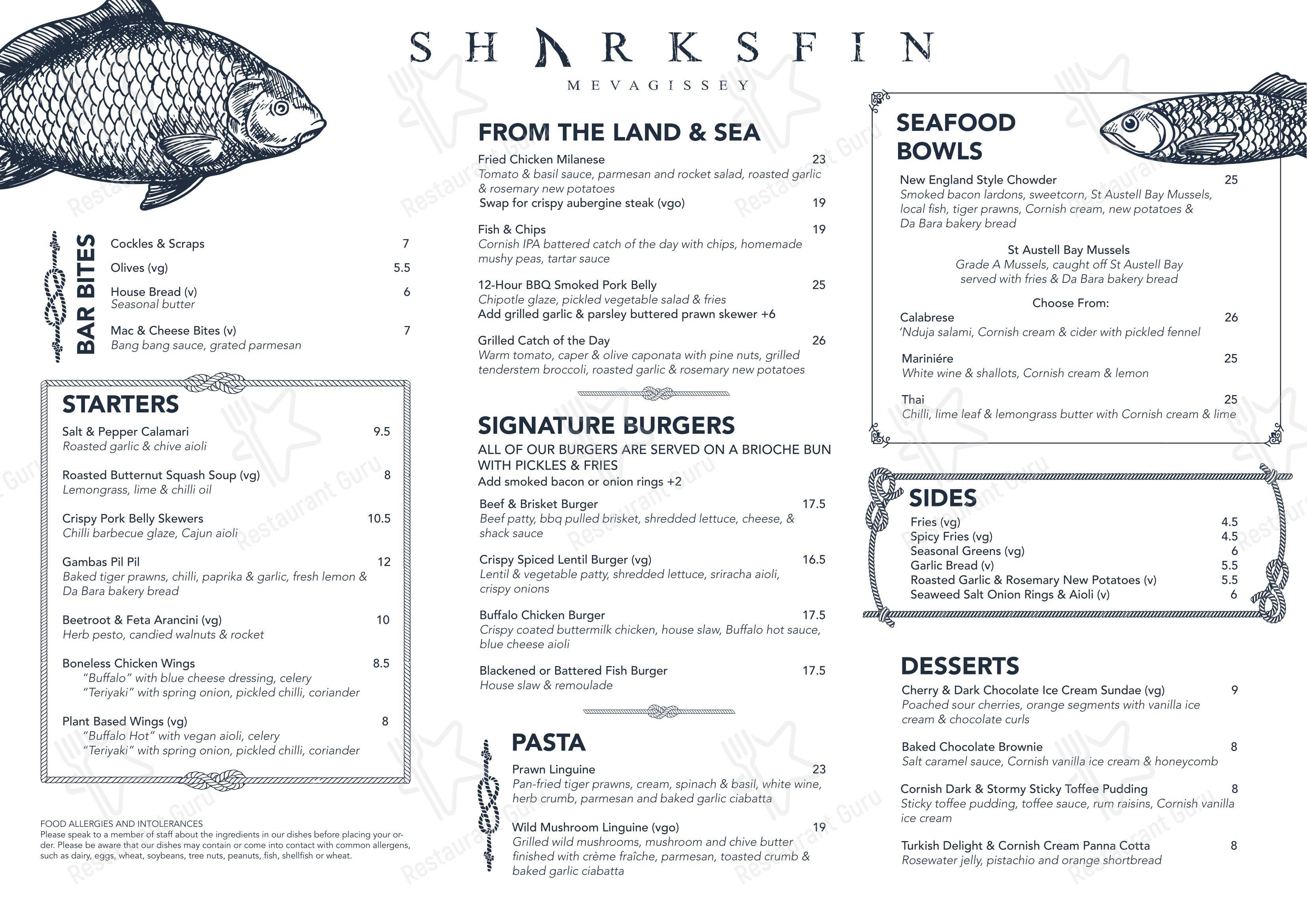 Menu at The Sharksfin pub & bar, Mevagissey, The Quay