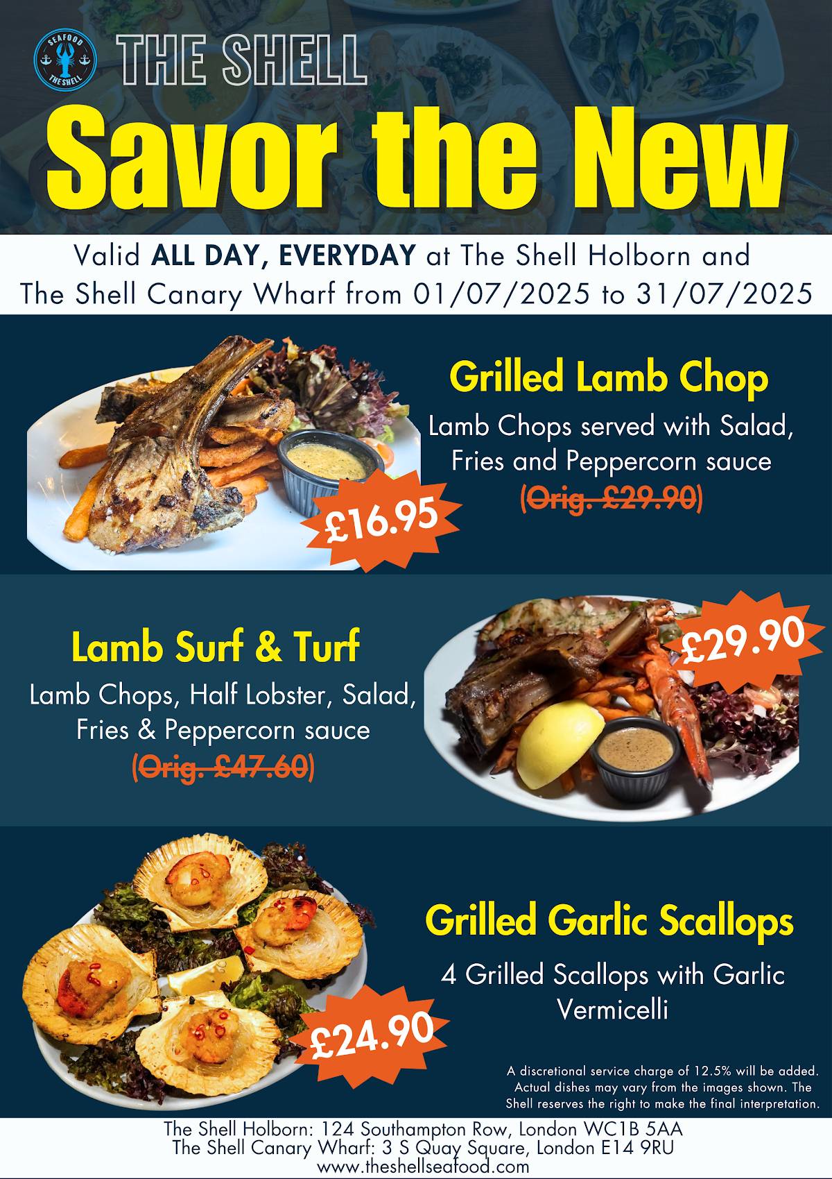 Menu at The Shell Canary Wharf restaurant, London, 3 S Quay Square