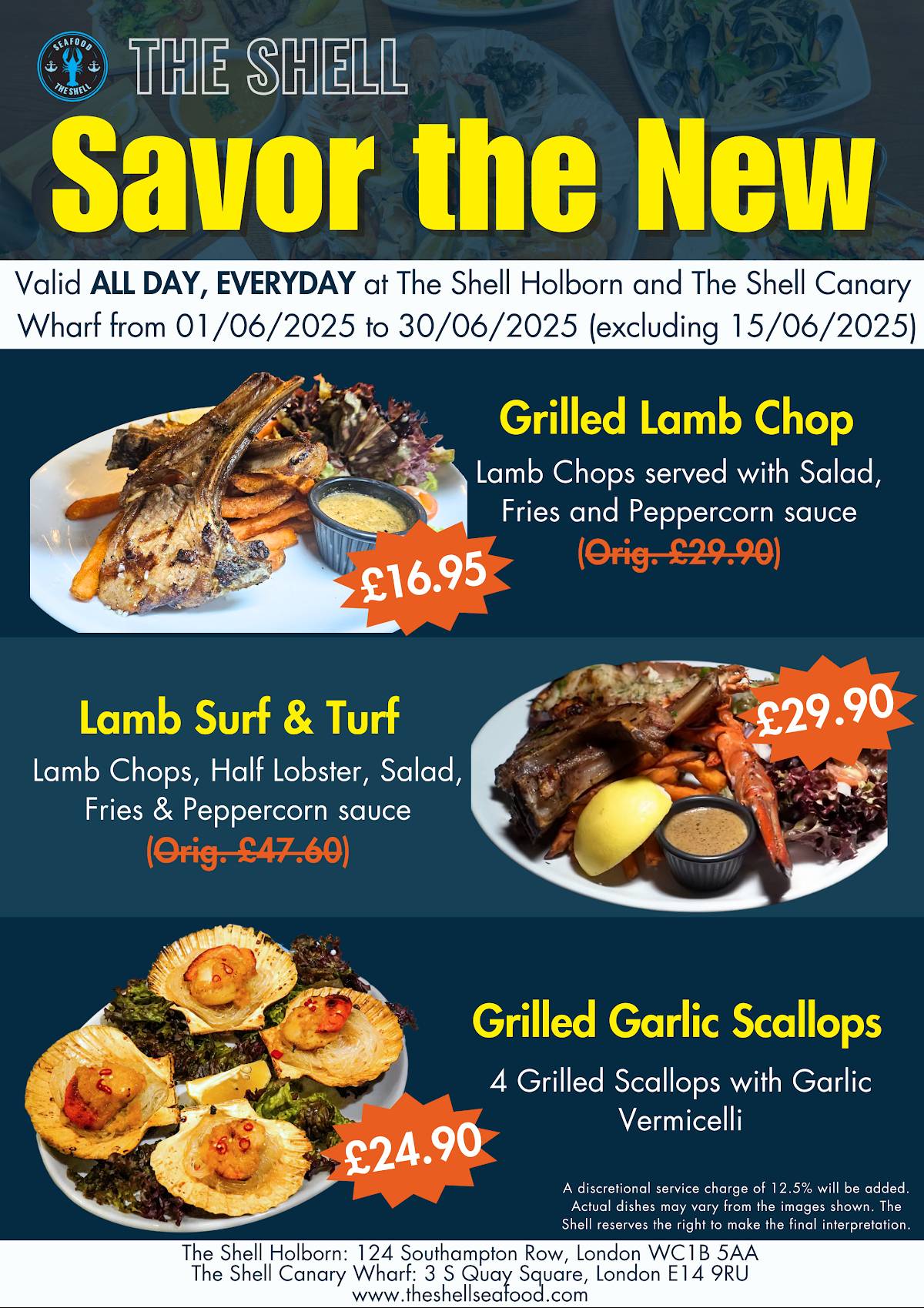 Menu at The Shell Canary Wharf restaurant, London, 3 S Quay Square