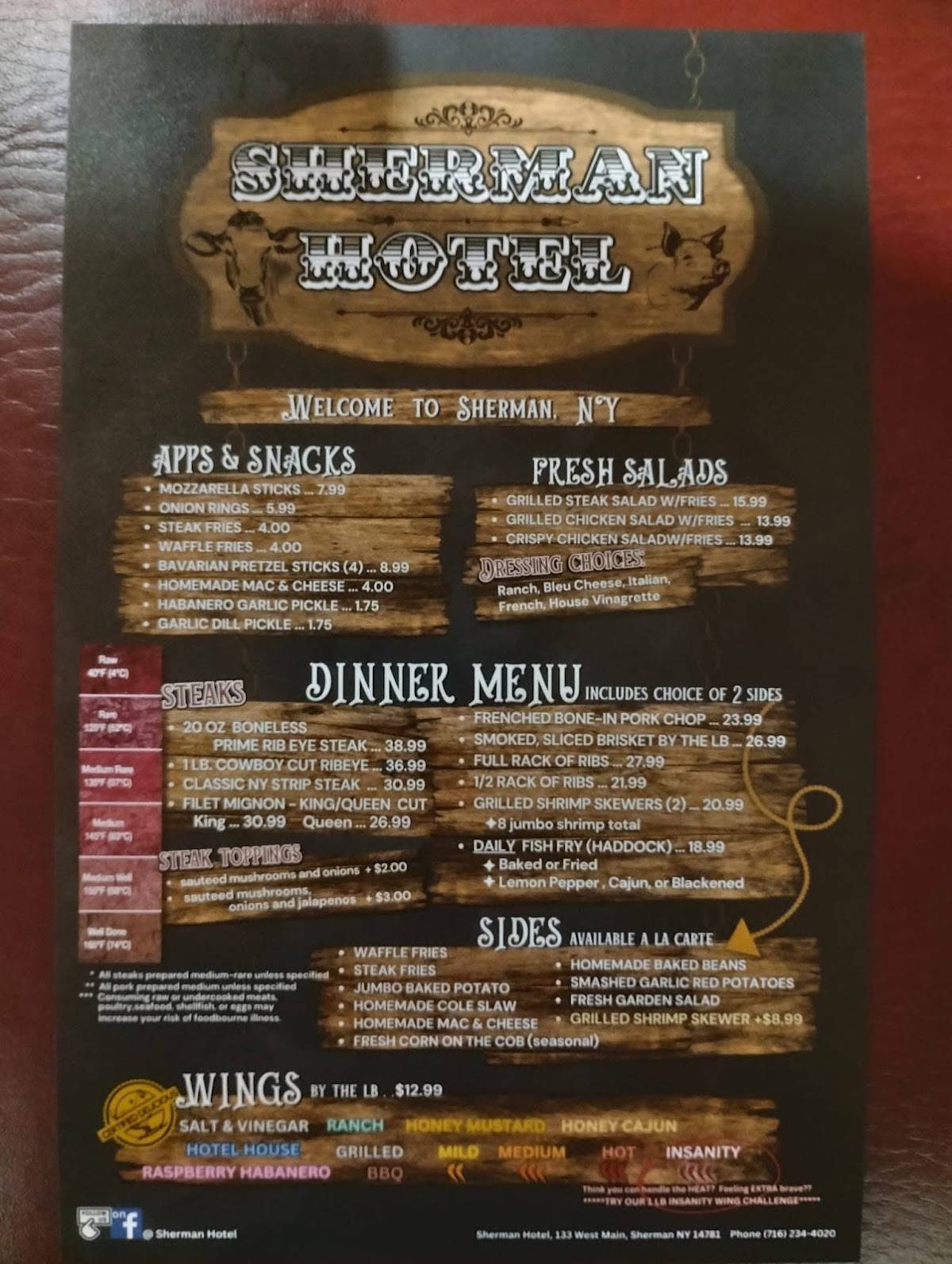 Menu at The Sherman Hotel Steakhouse and Saloon, Sherman