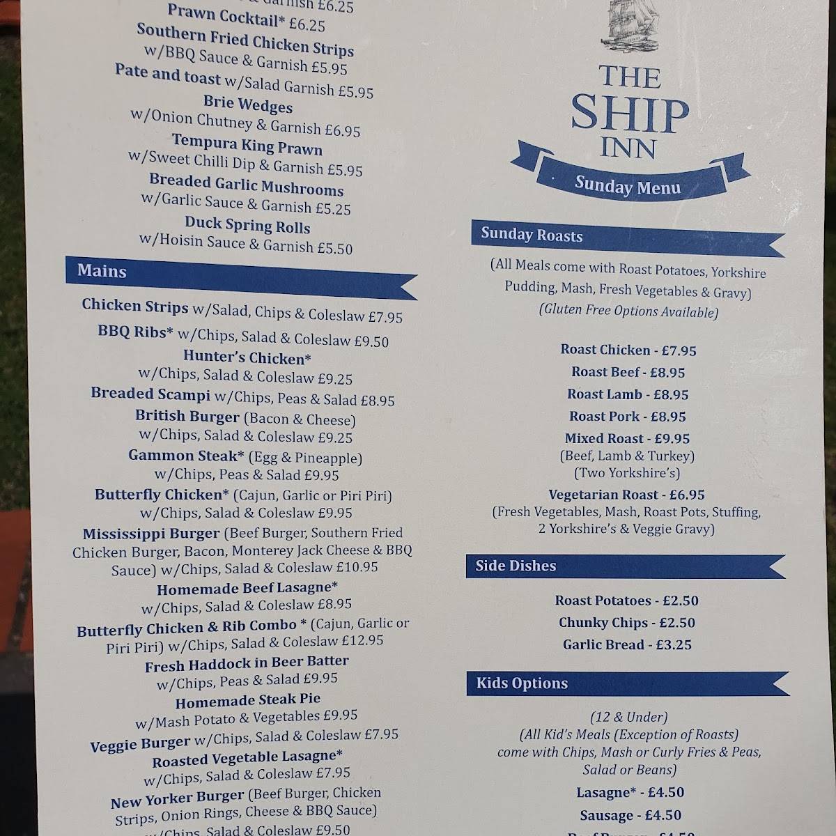 Menu at The Ship Inn restaurant, Tiptree