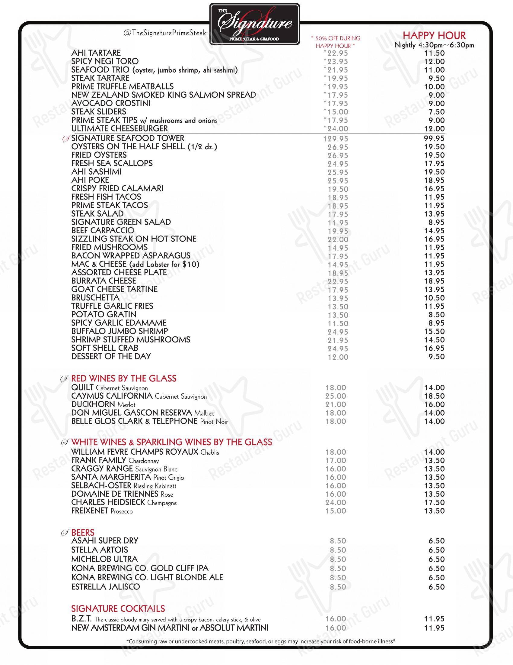 Menu at The Signature Prime Steak & Seafood steakhouse, Honolulu