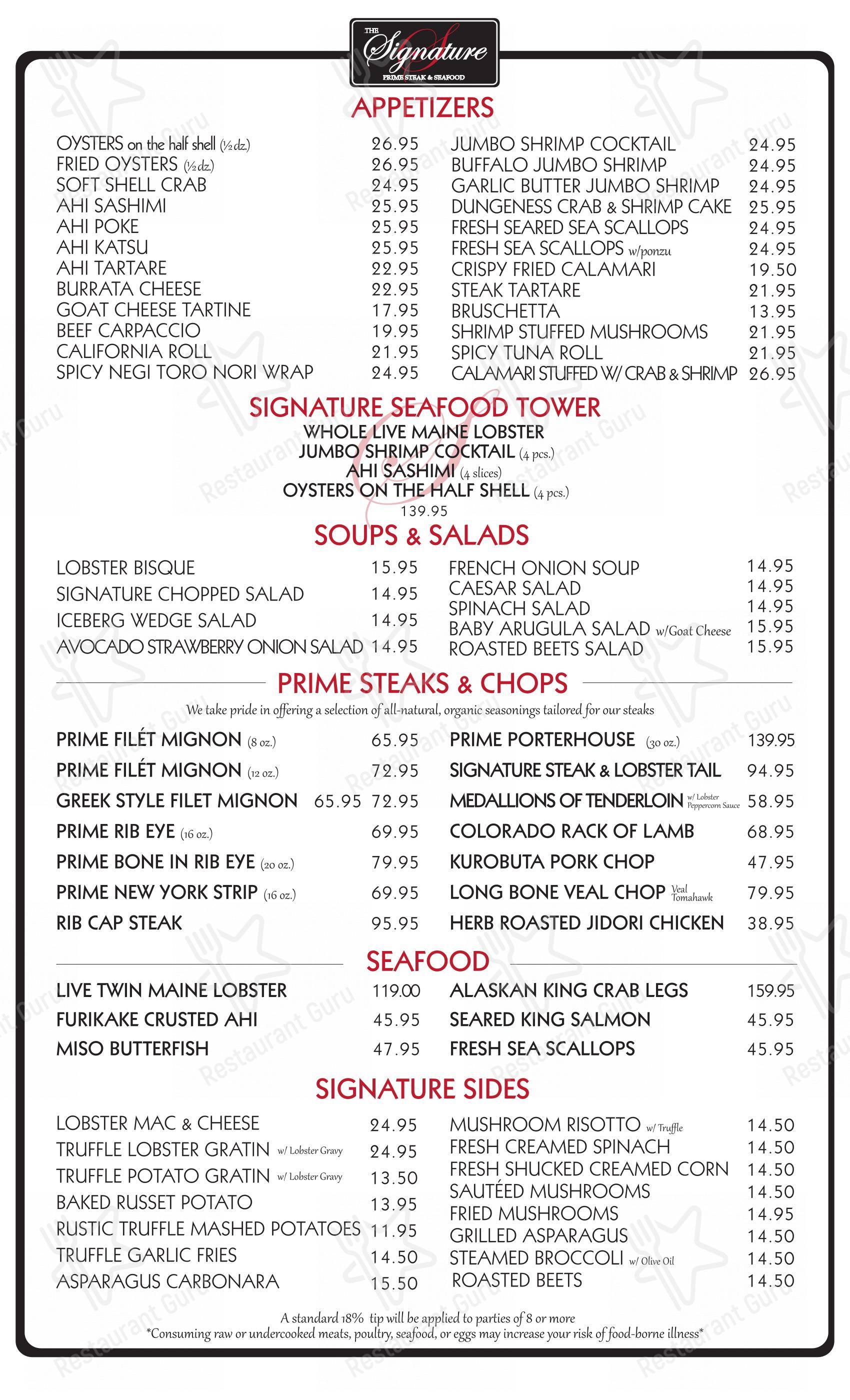 Menu at The Signature Prime Steak & Seafood steakhouse, Honolulu
