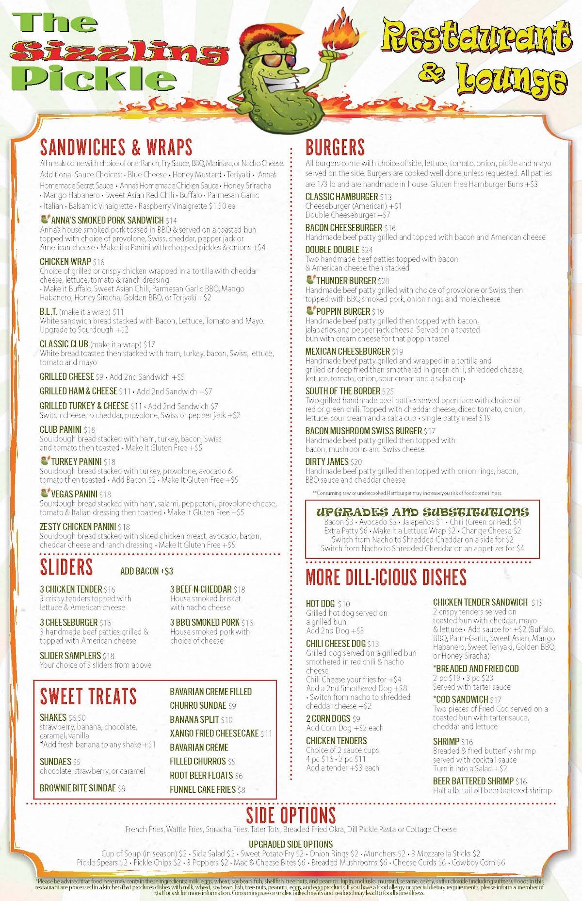 Menu at The Sizzling Pickle Eatery & Lounge restaurant, Craig