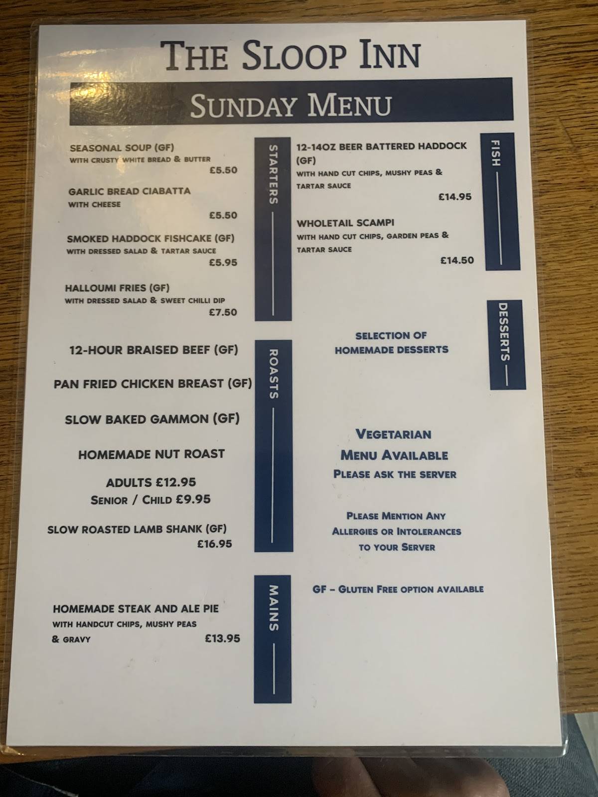 Menu at The Sloop Inn pub & bar, Barton-upon-Humber
