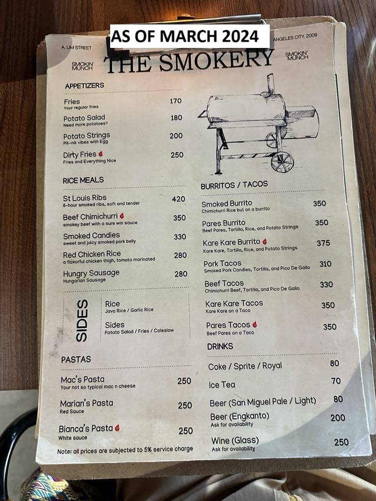 Menu at The Smokery restaurant, Angeles