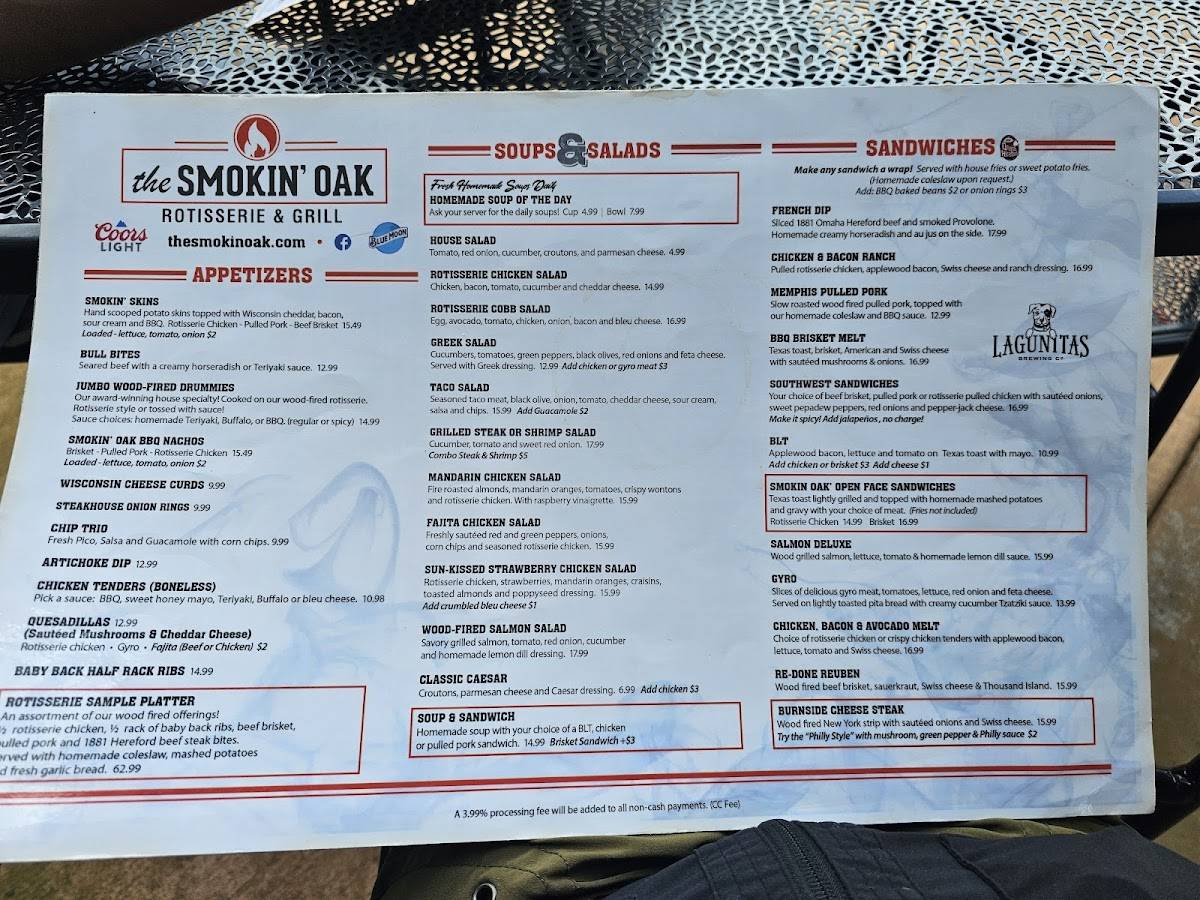 Menu at The Smokin' Oak Rotisserie & Grill restaurant, Red Wing