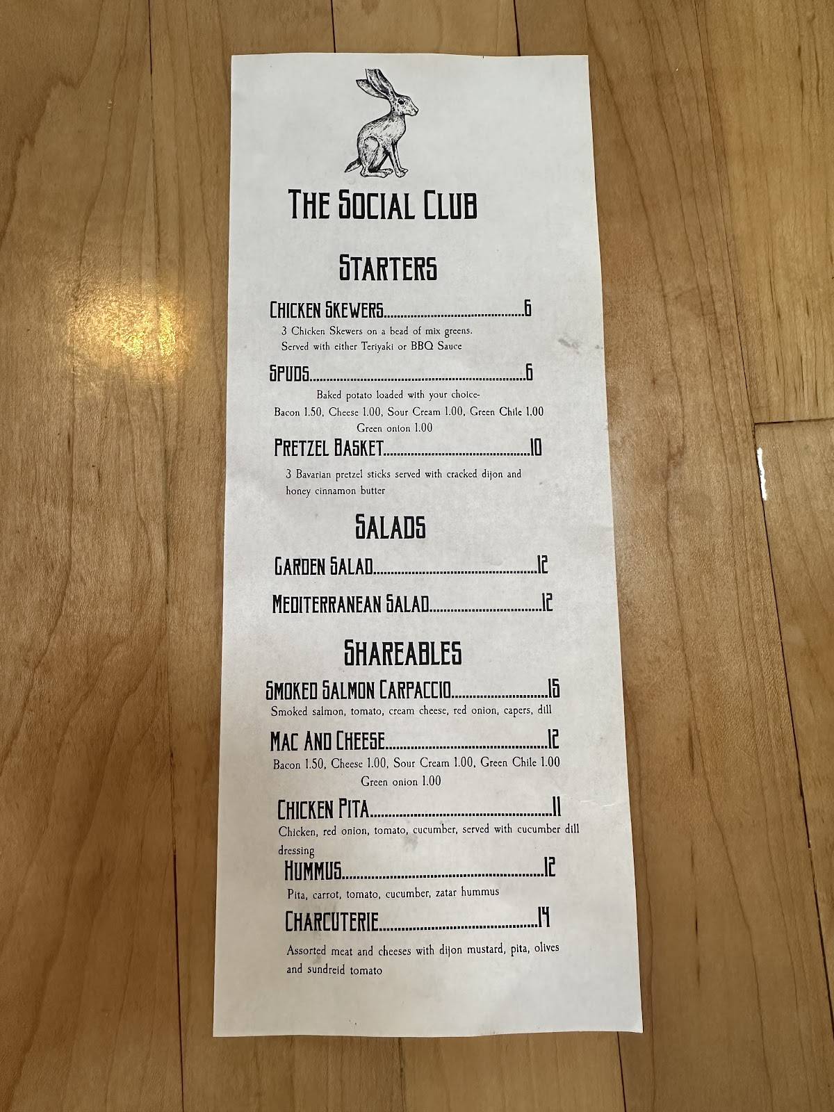 Menu at The Social Club, Taos