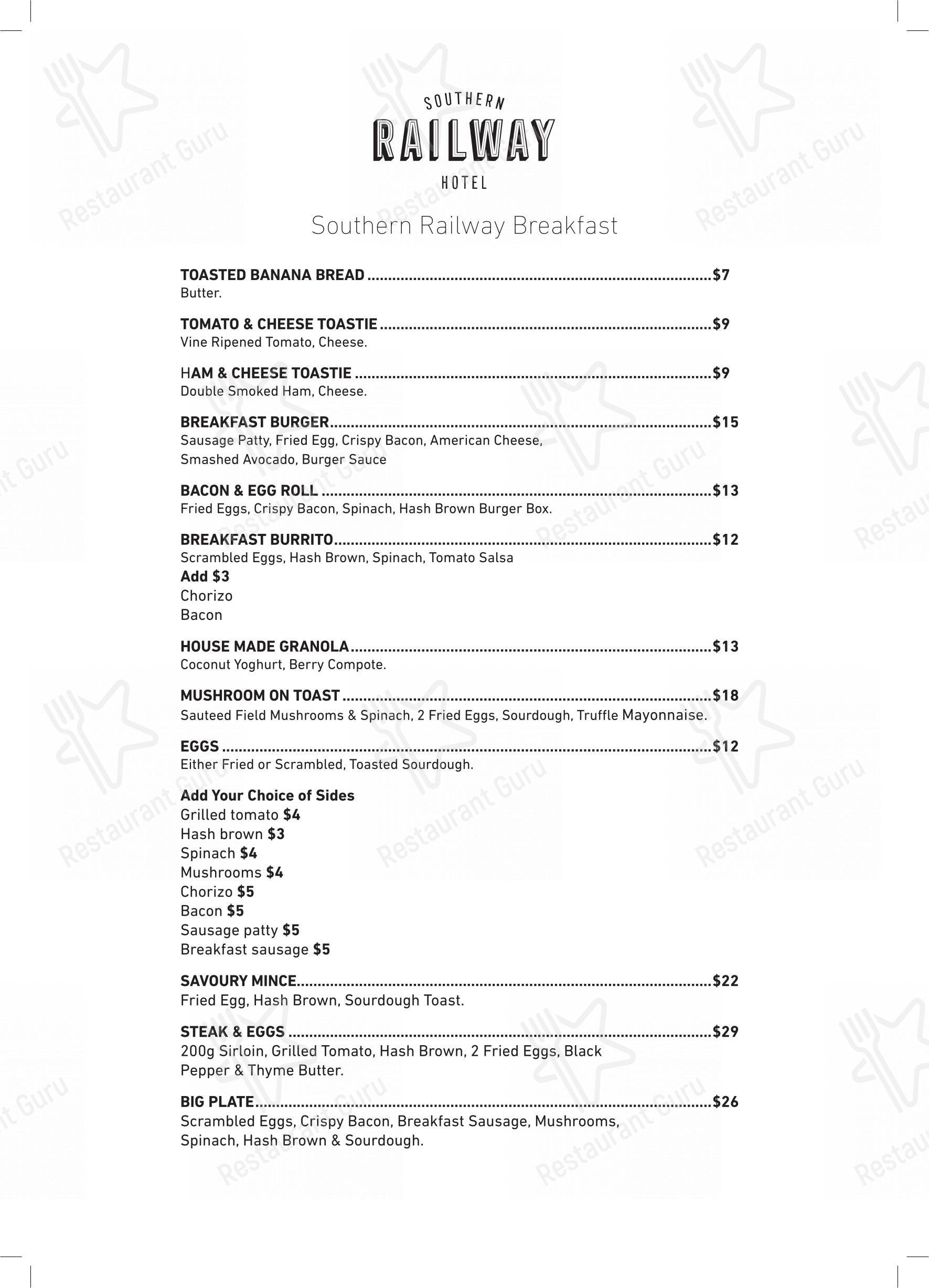 Menu at The Southern Railway Hotel Goulburn pub & bar, Goulburn