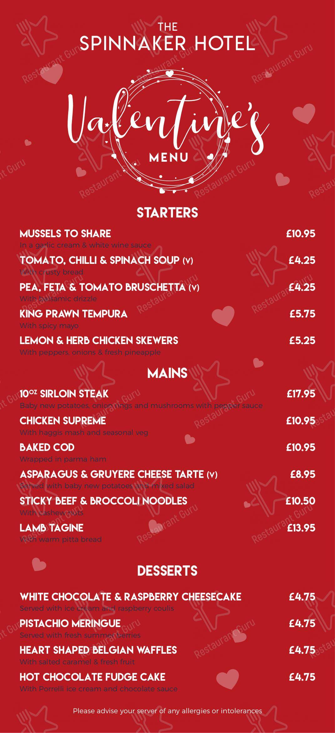 Menu at The Spinnaker Hotel pub & bar, Gourock