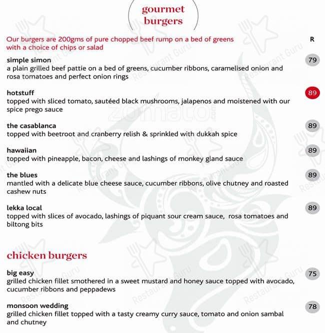 Menu at The Squire's Loft steakhouse, Johannesburg