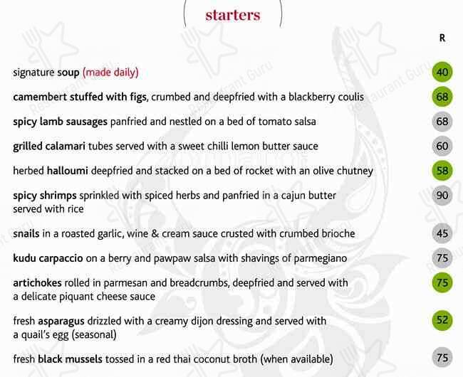 Menu at The Squire's Loft steakhouse, Johannesburg