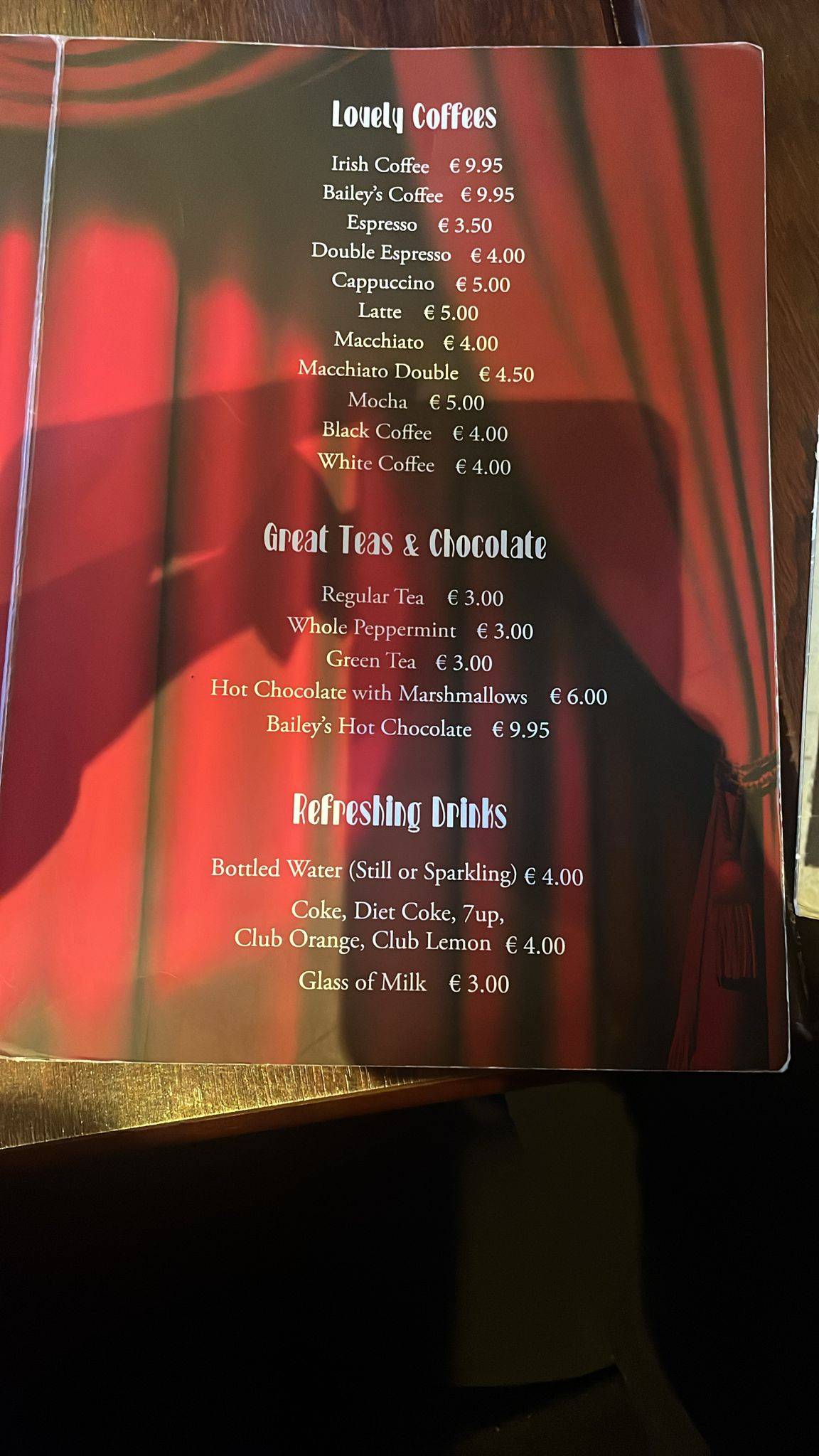 Menu at The Stage Door Cafe, Dublin