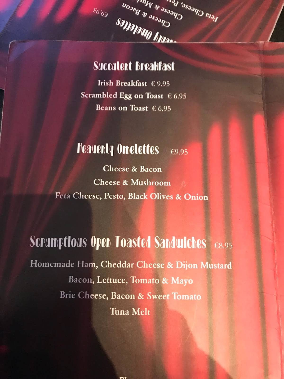 Menu at The Stage Door Cafe, Dublin