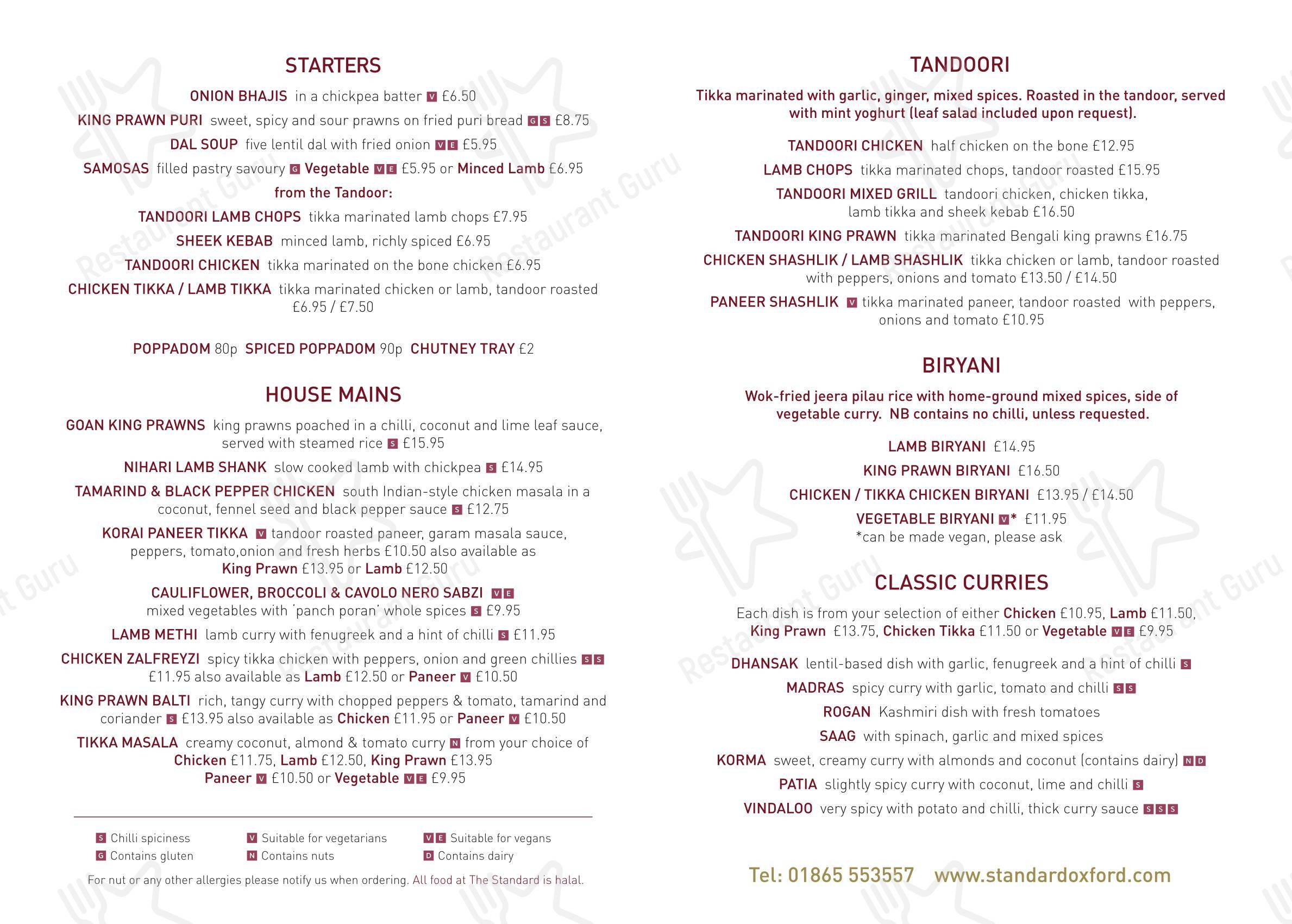 Menu at The Standard restaurant, Oxford