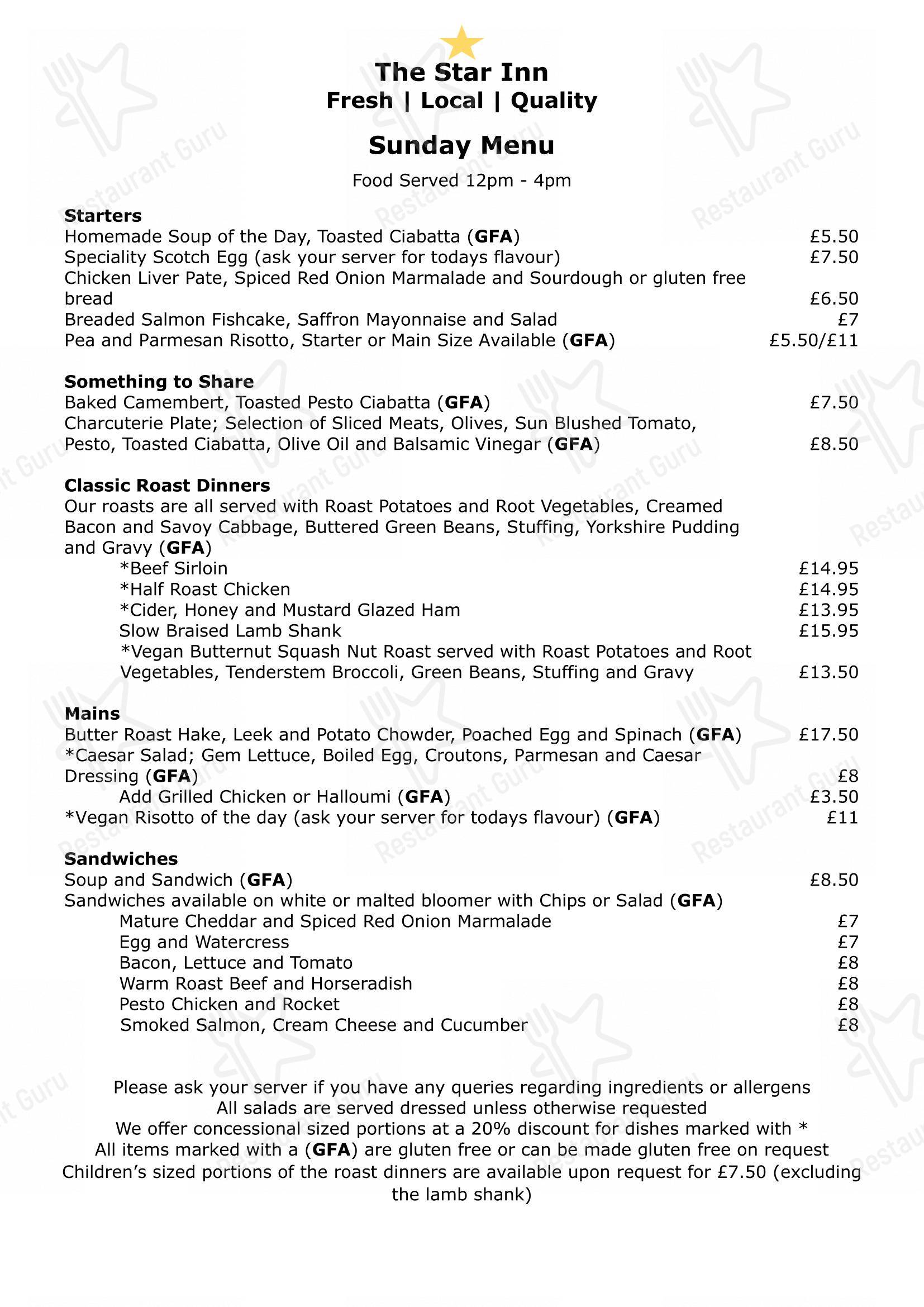 Menu at The Star Inn pub & bar, Pershore