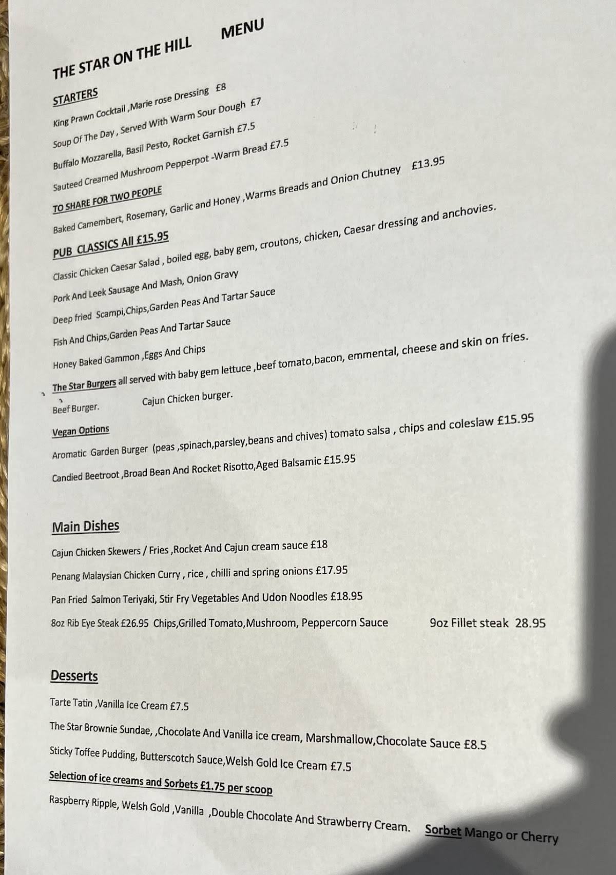 Menu at The Star on the Hill pub & bar, Llansoy