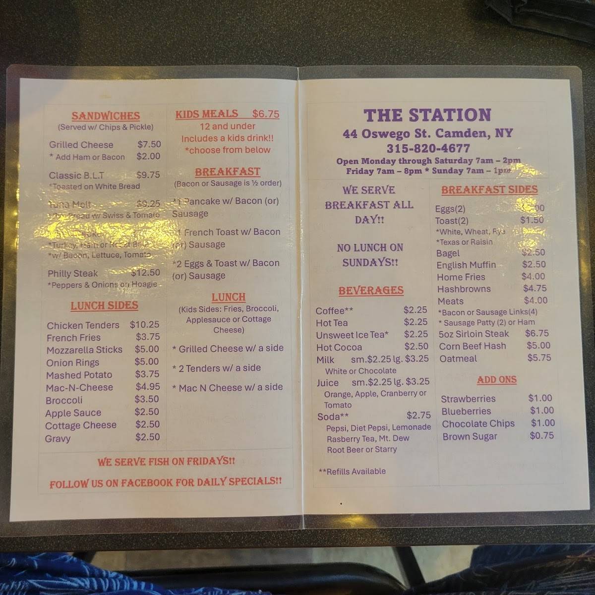 Menu at The Station restaurant, Camden