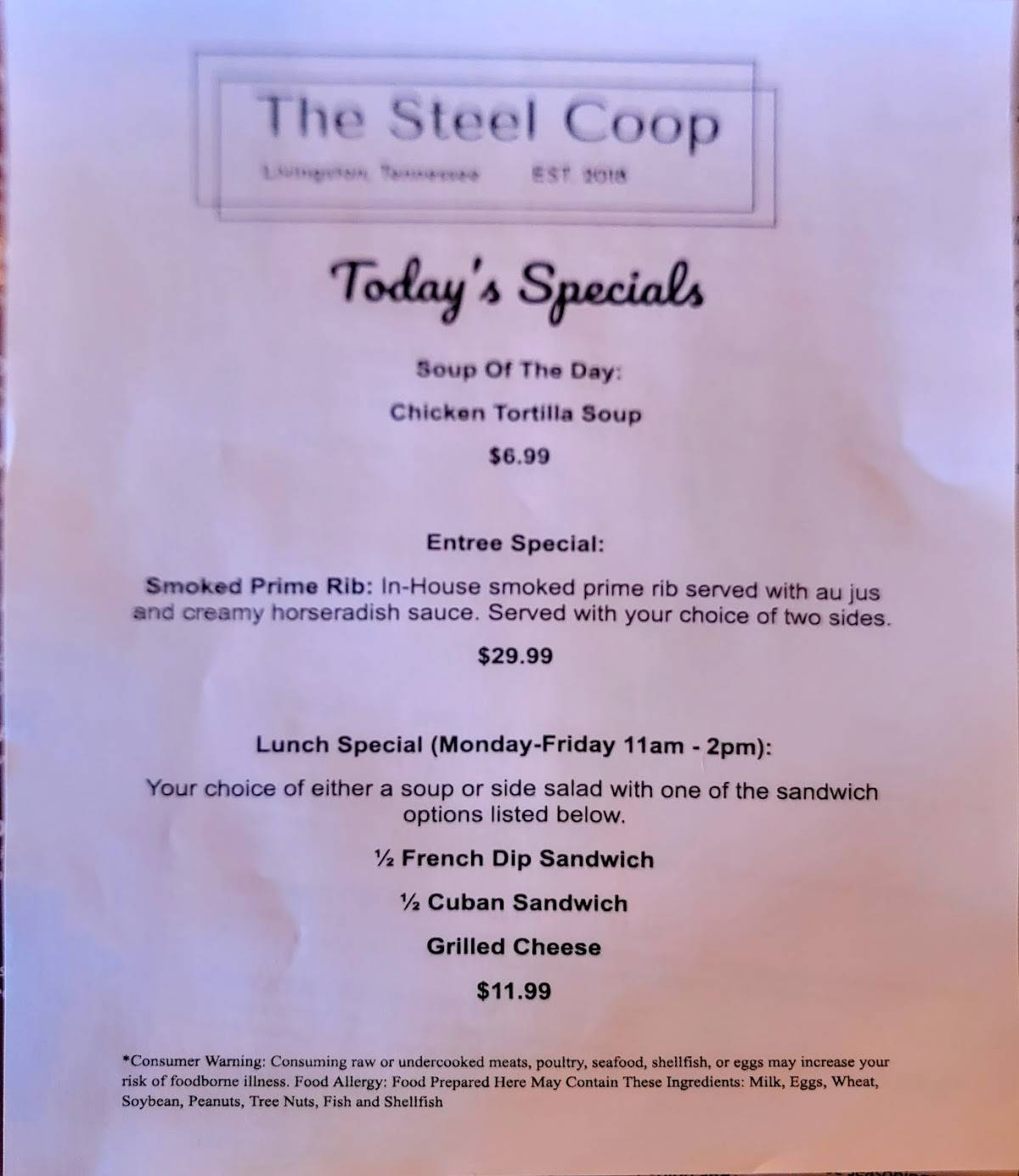 Menu at The Steel Coop pub & bar, Livingston