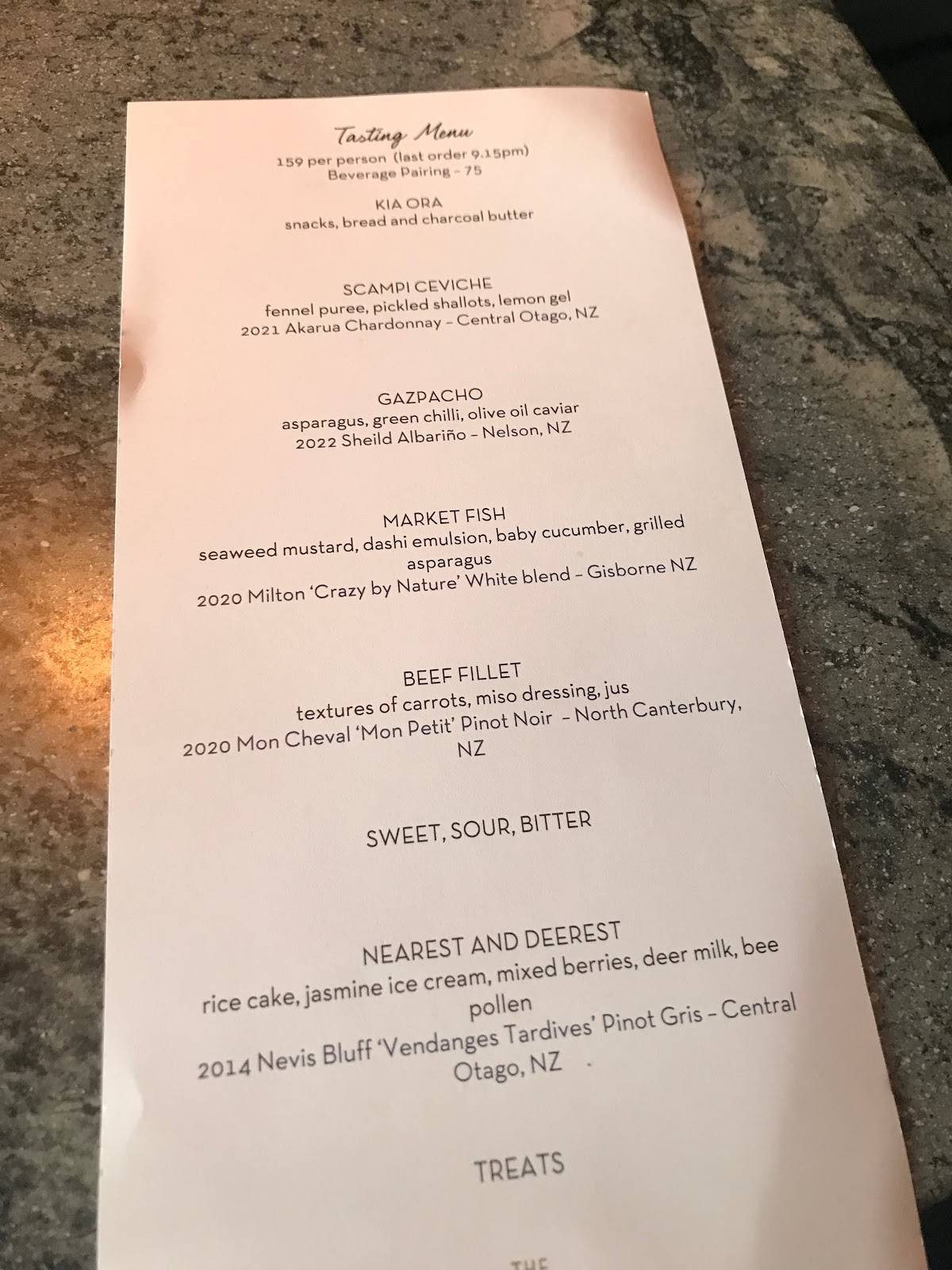 Menu at The Sugar Club, Auckland, Corner of Federal and Victoria Streets