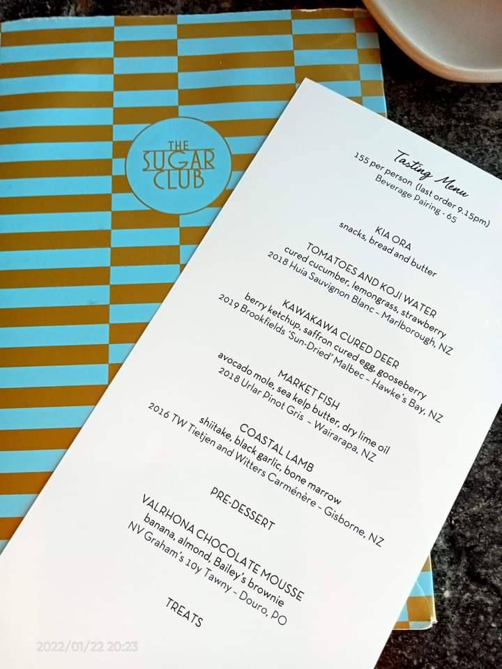 Menu at The Sugar Club, Auckland, Corner of Federal and Victoria Streets