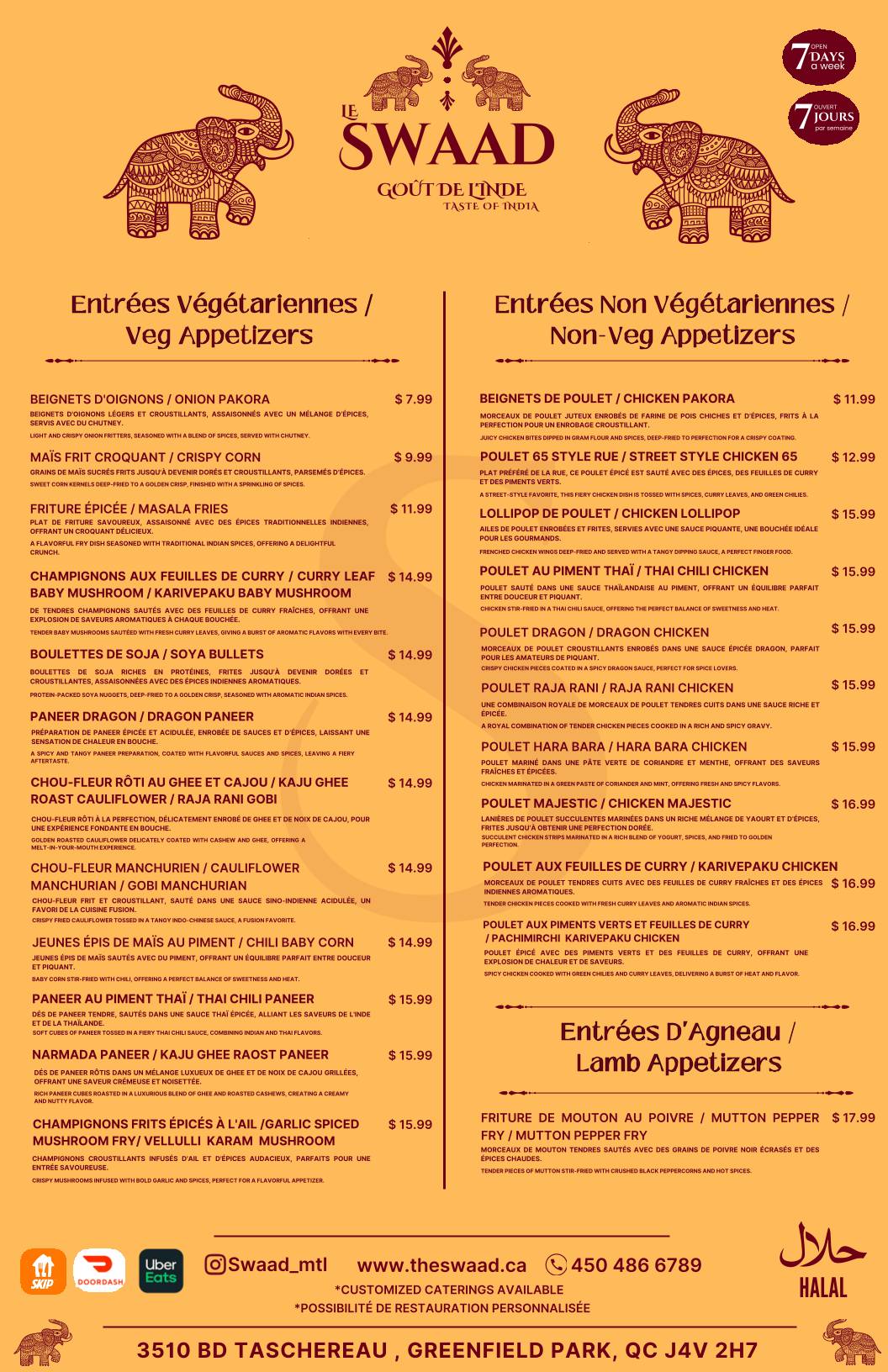 Menu at The Swaad Indian Restaurant / Le Swaad Cuisine Indienne, Brossard