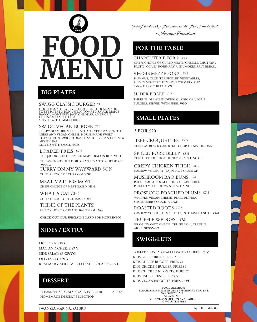 Menu at The Swigg pub & bar, Swansea