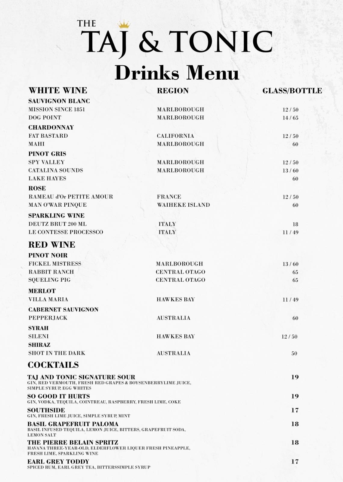 Menu at The Taj & Tonic ( Indian kitchen and Bar ), Auckland