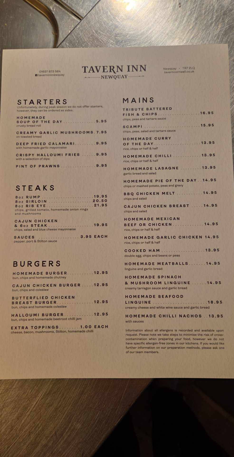 Menu at The Tavern Inn Newquay pub & bar, Newquay, Mellanvrane Ln