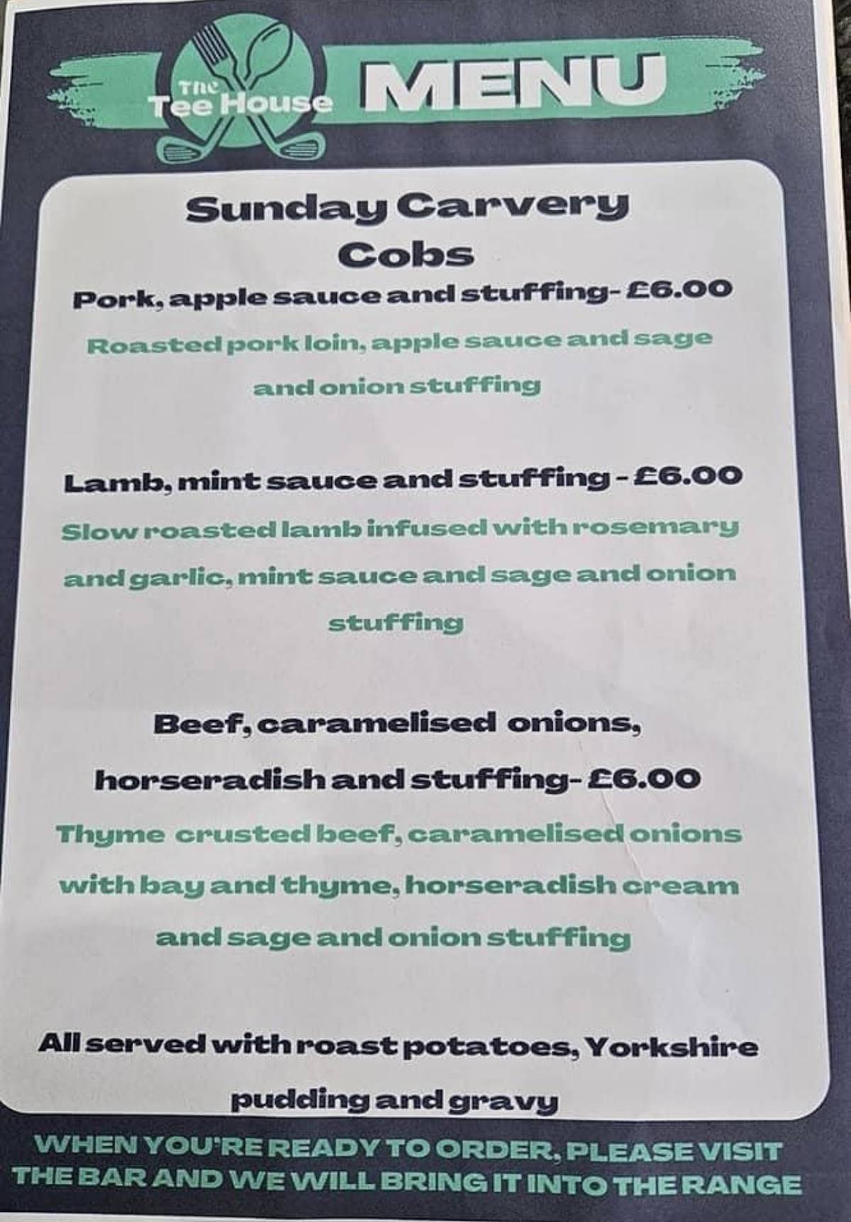 Menu at The Tee House restaurant, Nottingham