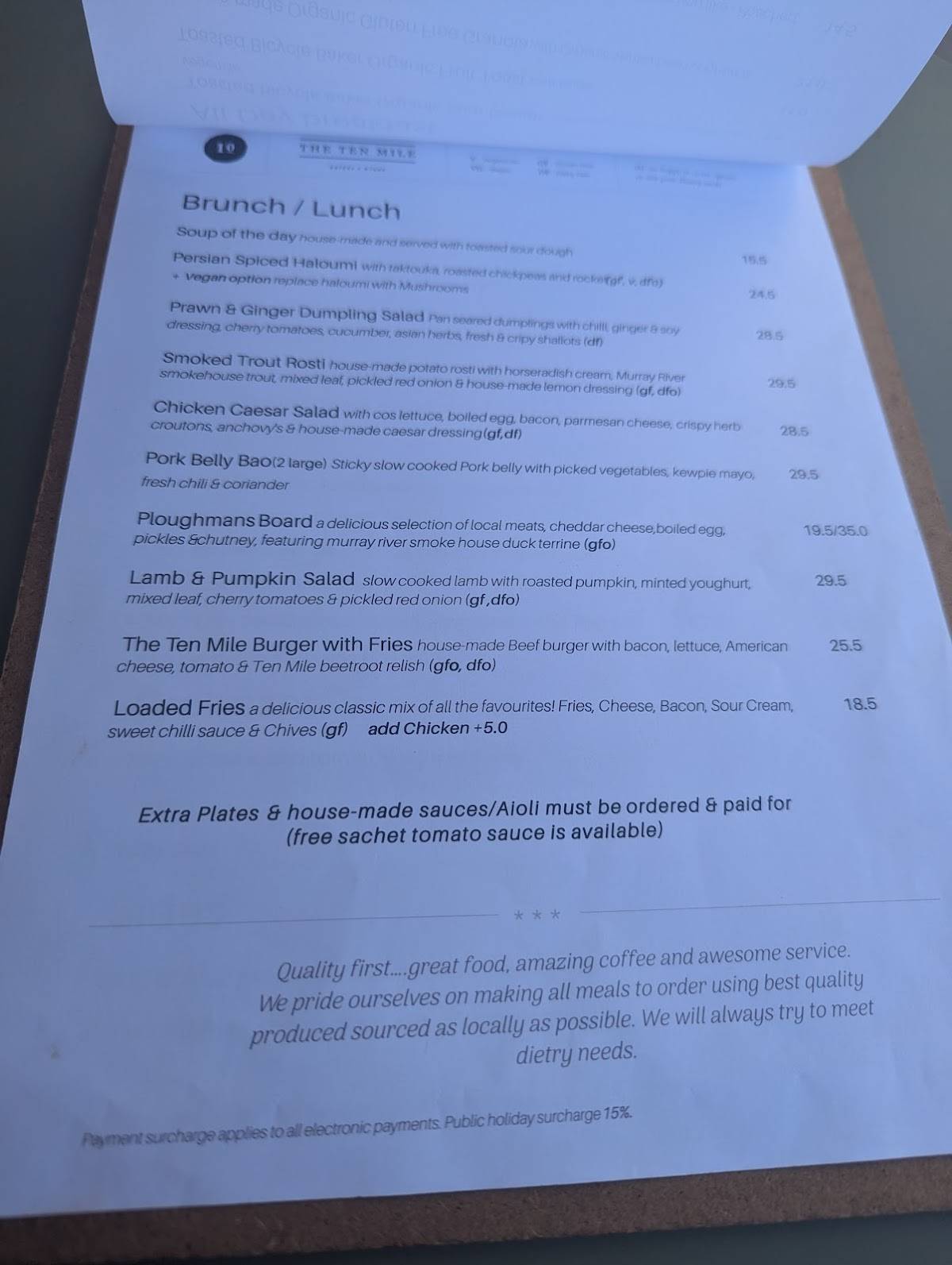 Menu at The Ten Mile cafe, Holbrook