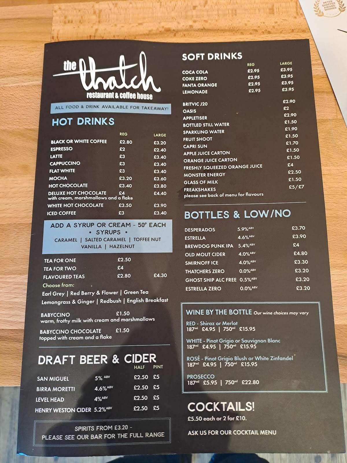 Menu at The Thatch restaurant, Lowestoft