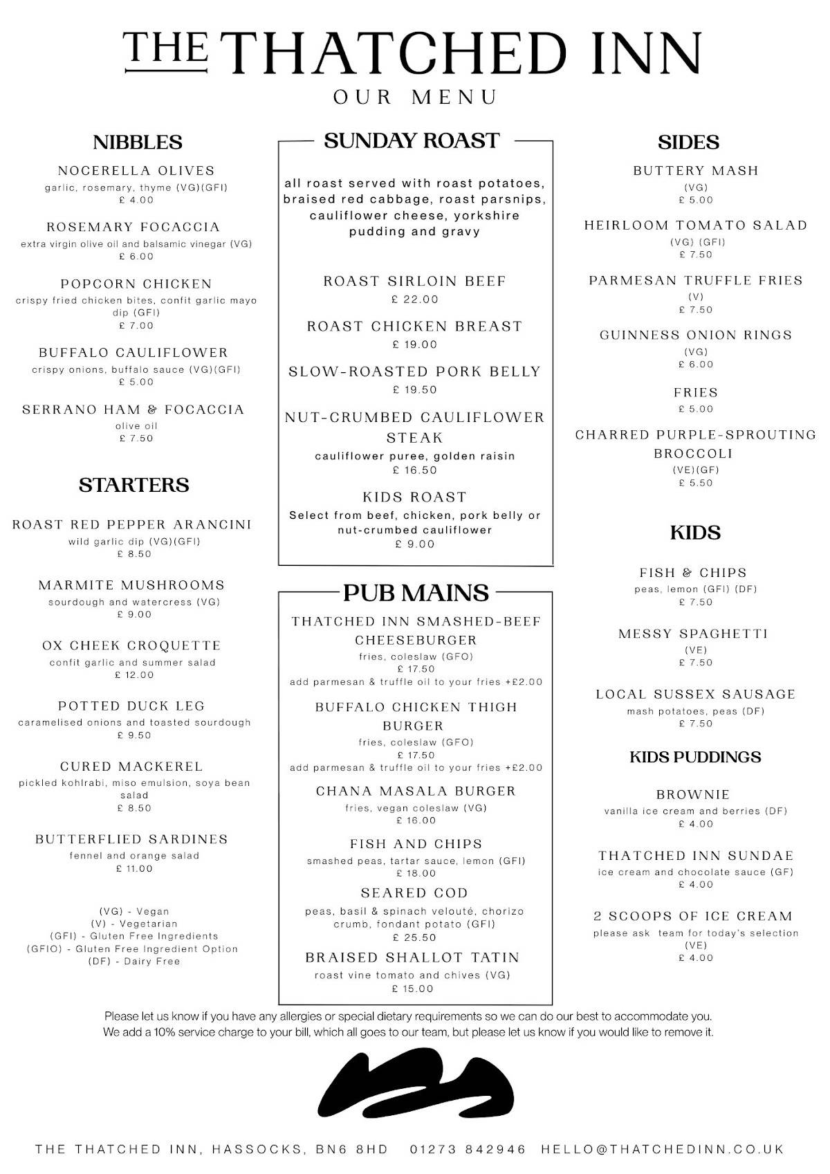 Menu at The Thatched Inn pub & bar, Hassocks