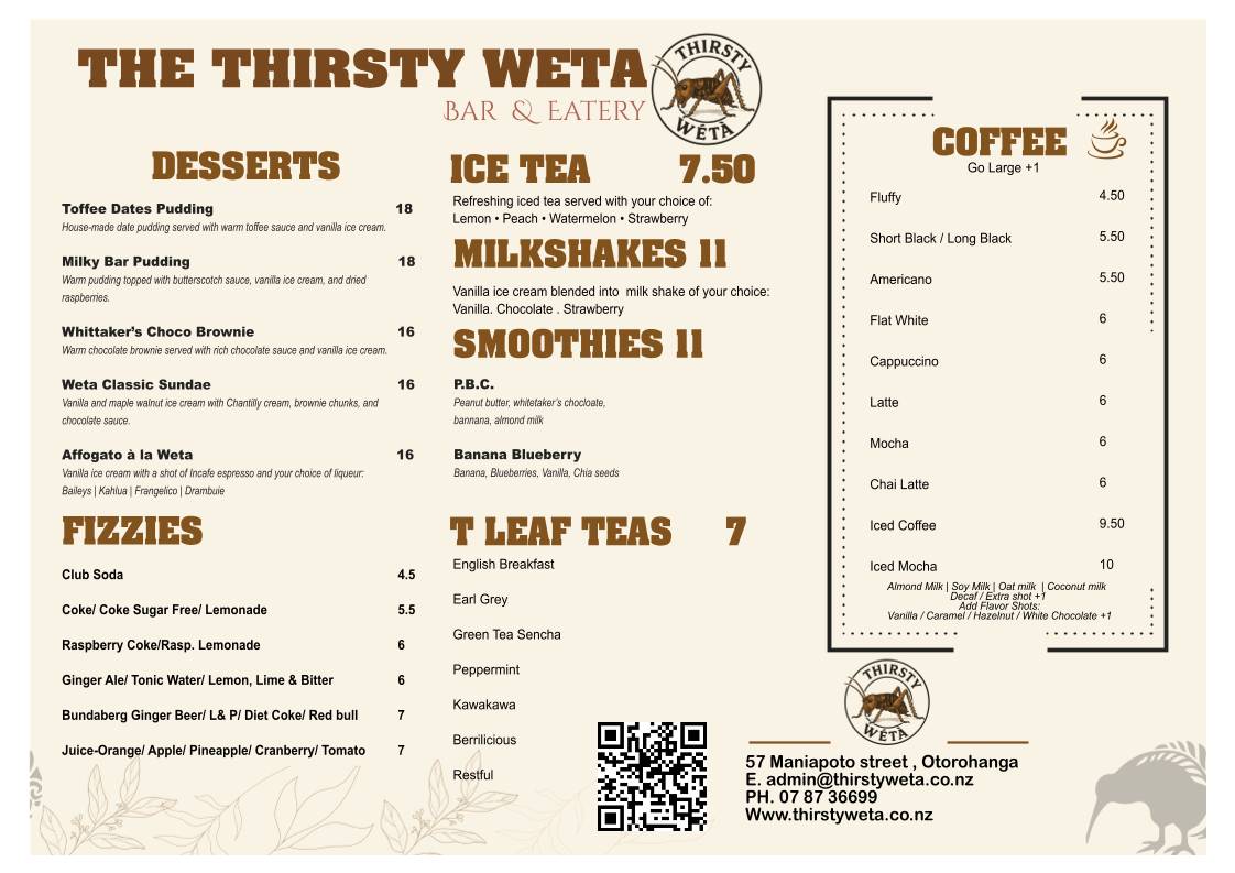 Menu at The Thirsty Weta Bar & Eatery, Otorohanga