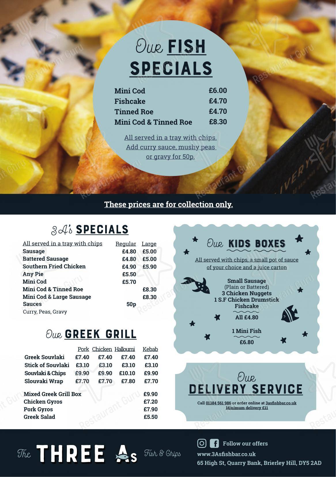 Carta de The Three A's Fish Bar, Brierley Hill