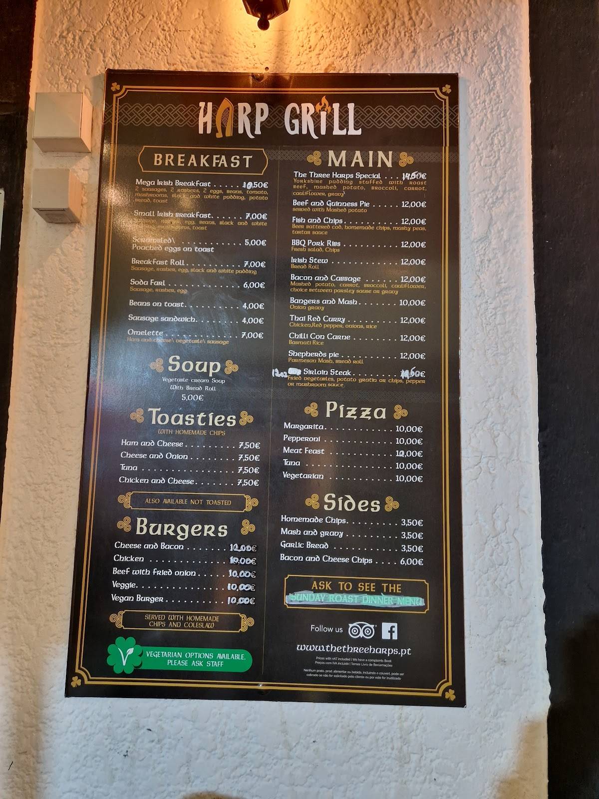 Menu at The Three Harps - Irish Bar, Albufeira