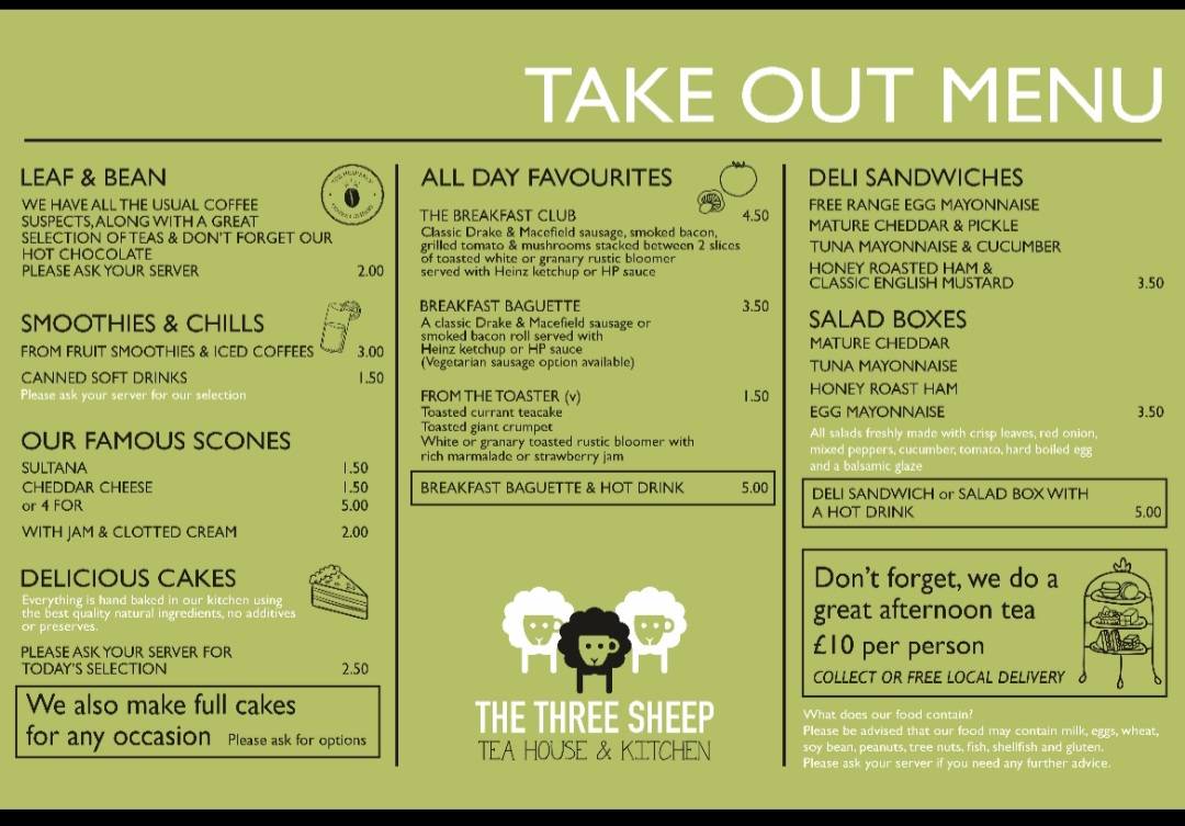 Menu at The Three Sheep Tea House & Kitchen cafe, Skipton