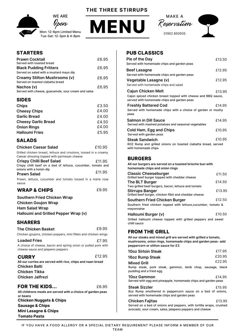 Menu at The Three Stirrups pub & bar, Brewood