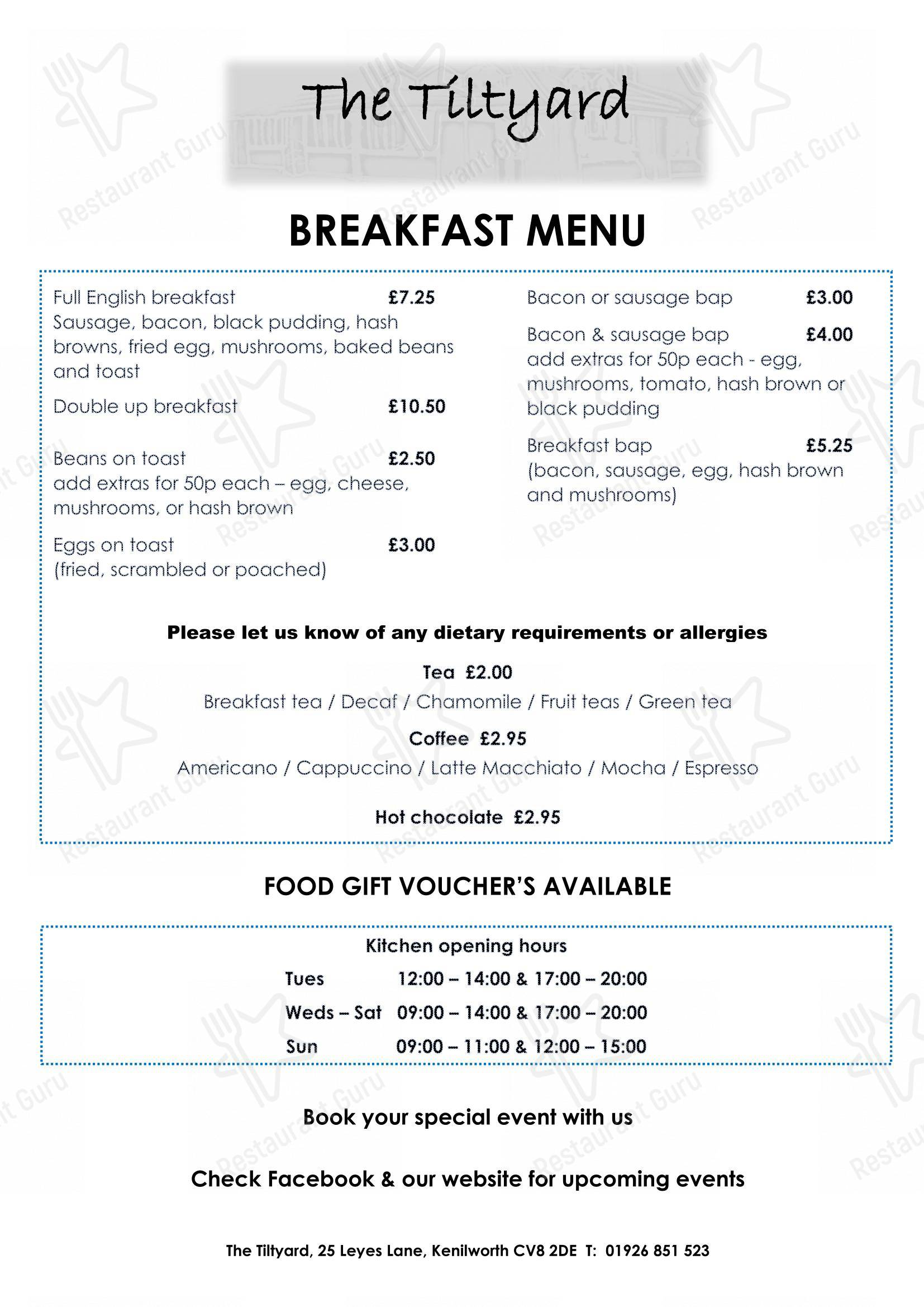 Menu at The Tiltyard pub & bar, Kenilworth