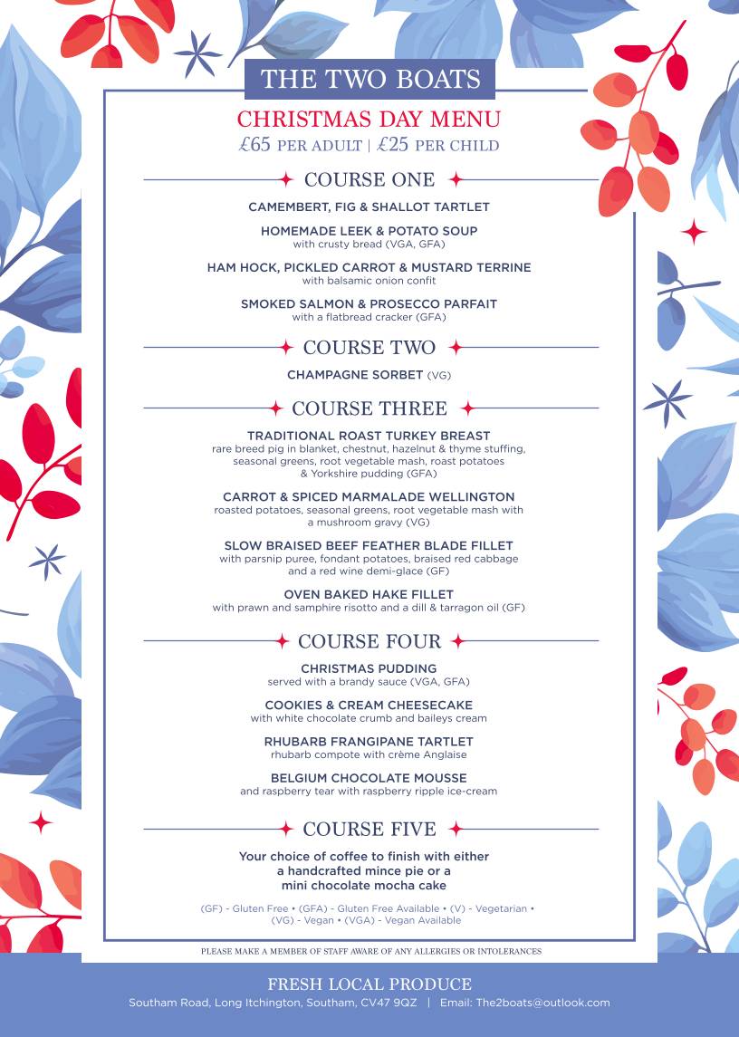 Menu at The Two Boats Inn pub & bar, Long Itchington